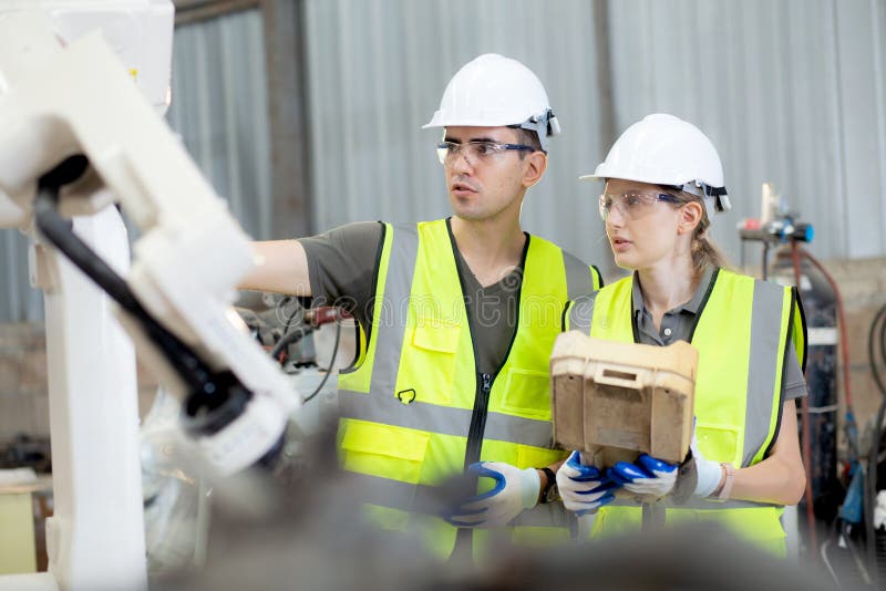 Engineer Man and Woman Talking and Explaining about Robot Arms ...