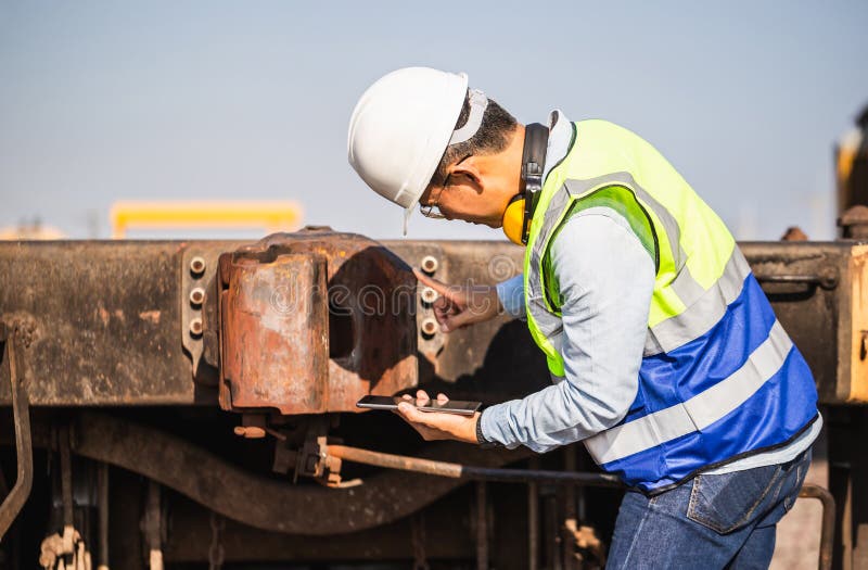Engineer Man Working in Cargo Train Platform, Technician Checking the ...