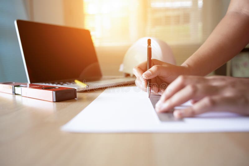Engineer Man Working with Drawings Inspection in Workplace Stock Image ...