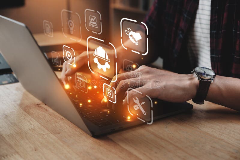 Engineer Man Working with Factory Automation on Laptop Screen Stock ...