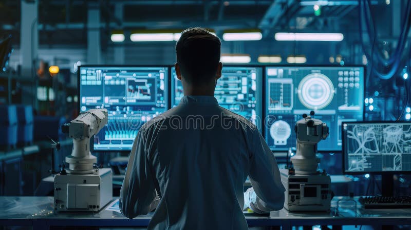 Engineer Manager Working with Computer on Robotics Production Schedule ...