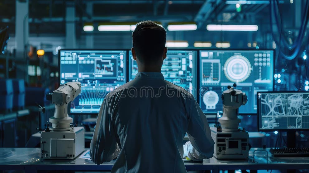 Engineer Manager Working with Computer on Robotics Production Schedule ...