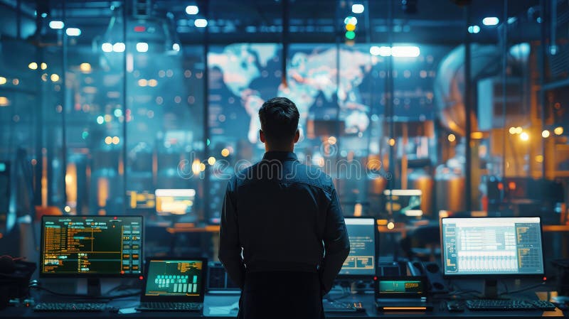 Engineer Manager Working with Computer on Robotics Production Schedule ...