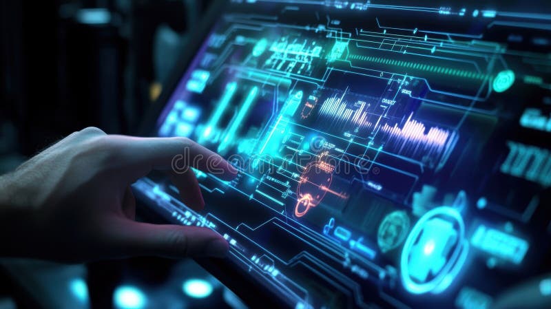 Engineer Managing Holographic Control Panel with Futuristic Interface ...