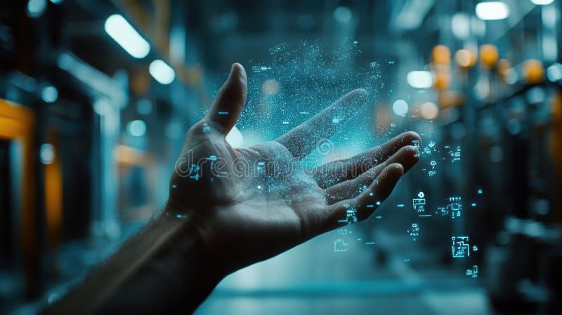 Engineer Managing Holographic Futuristic Interface in an Industrial ...