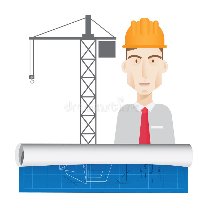 Engineer with Map and Tower Crane. Vector Illustration Decorative ...