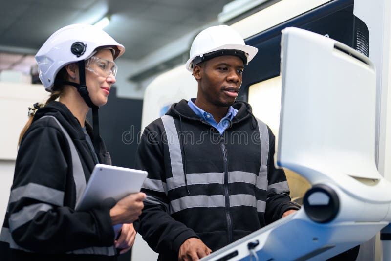 Engineer Mechanician Operating and Controlling CNC Machine Stock Image ...
