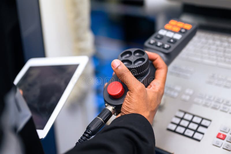Engineer Mechanician Operating and Controlling CNC Machine Stock Photo ...