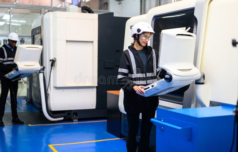 Engineer Mechanician Operating and Controlling CNC Machine Stock Photo ...