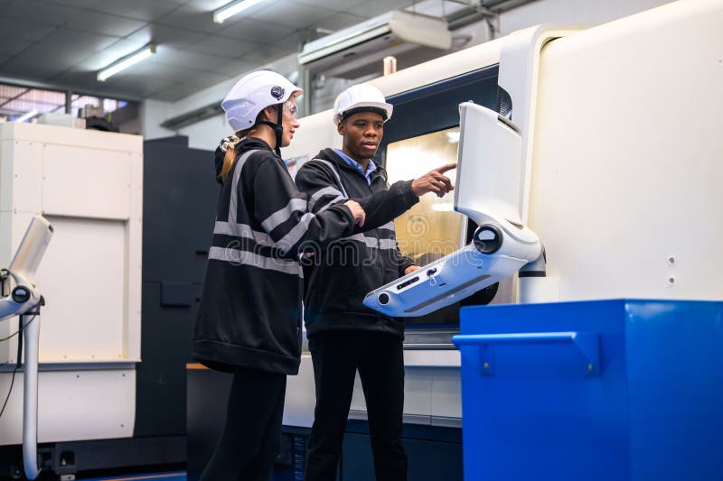 Engineer Mechanician Operating and Controlling CNC Machine Stock Photo ...