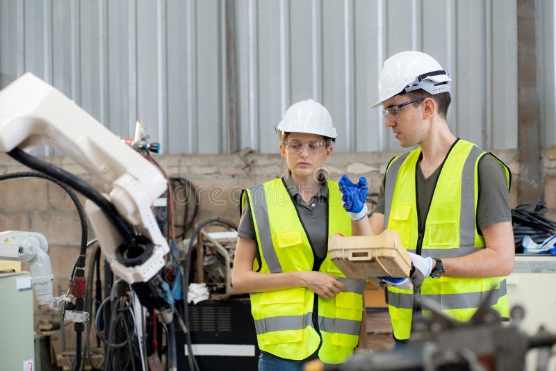 Engineer Man and Woman Talking and Explaining about Robot Arms ...