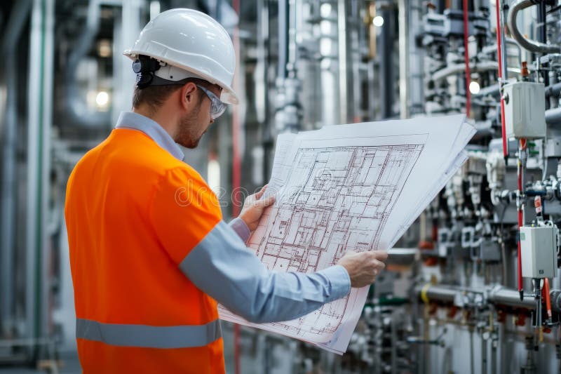An Engineer is Meticulously Analyzing a Detailed Blueprint within an ...