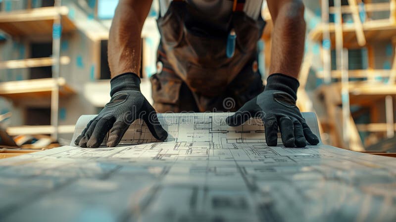 Engineer Meticulously Examines the Building Construction Plans Stock ...
