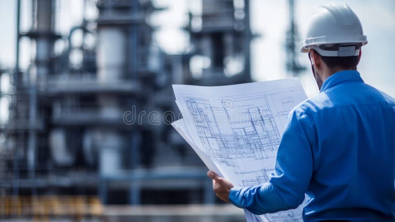 An Engineer is Meticulously Reviewing Blueprints at the Industrial Site ...