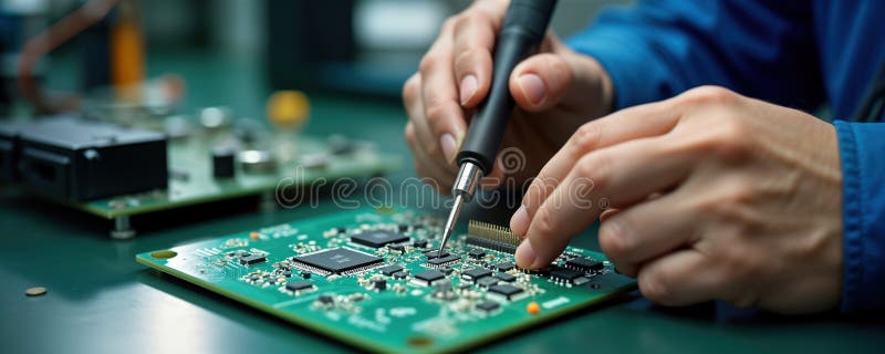 Engineer Meticulously Tests Electronic Circuit Board Using Precision ...