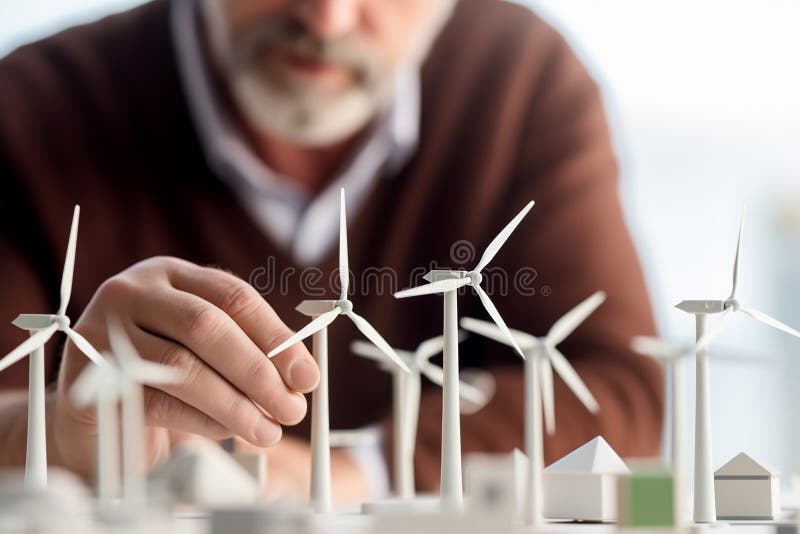 An Engineer with a Models of a Wind Turbine. Green Energy and ...