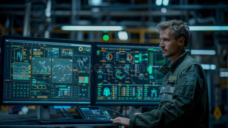 Engineer Monitoring Advanced Systems on Multiple Screens Stock ...