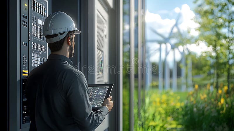 Engineer Monitoring Data on Tablet in Bright, Sustainable Environment ...