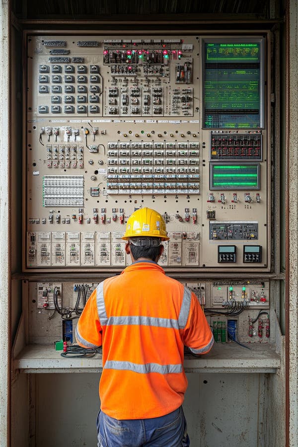 Engineer Monitoring Industrial Control Panel Ensuring Electrical Power ...