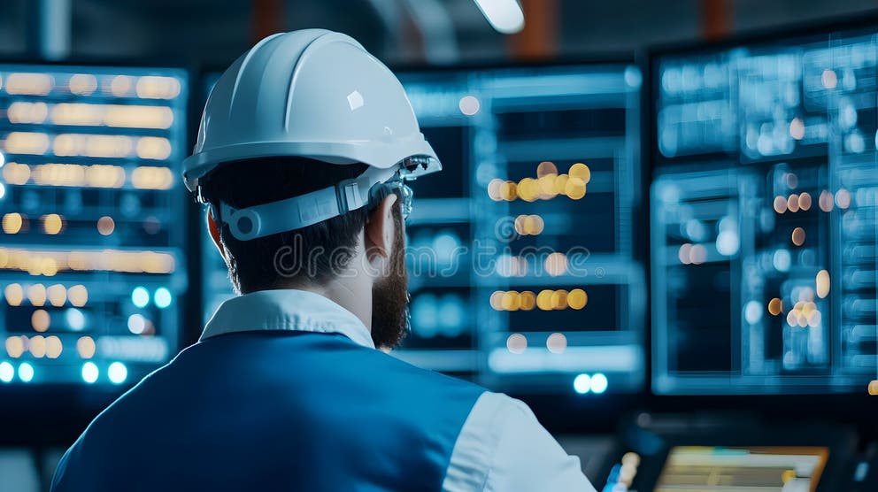 Engineer Monitors Data on Multiple Screens in Control Room Environment ...