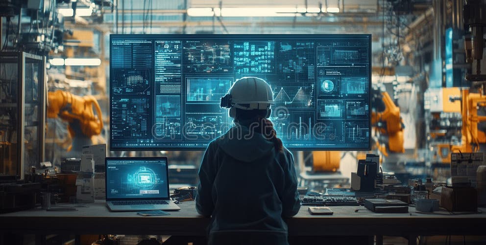 Engineer Monitors Industrial System Analytics with Advanced Technology in a Robotic Facility ...