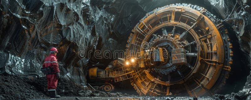Engineer Observing Colossal Mining Machinery in a Cave Stock Image ...