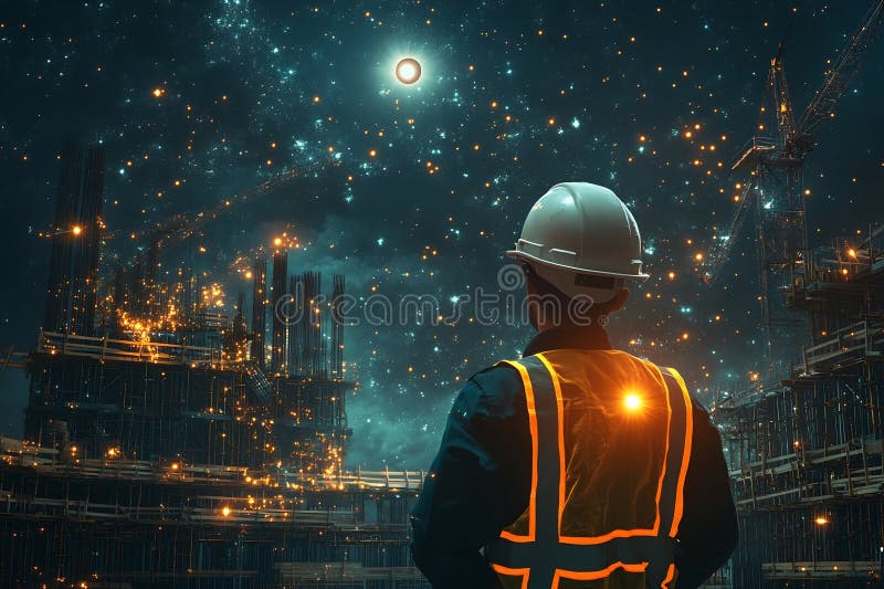 Engineer Observing Solar Eclipse at Industrial Construction Site Under ...