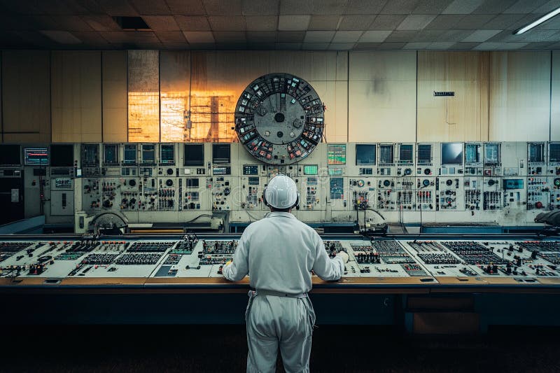 Engineer Operates High-tech Control Room with Extensive Machinery and ...