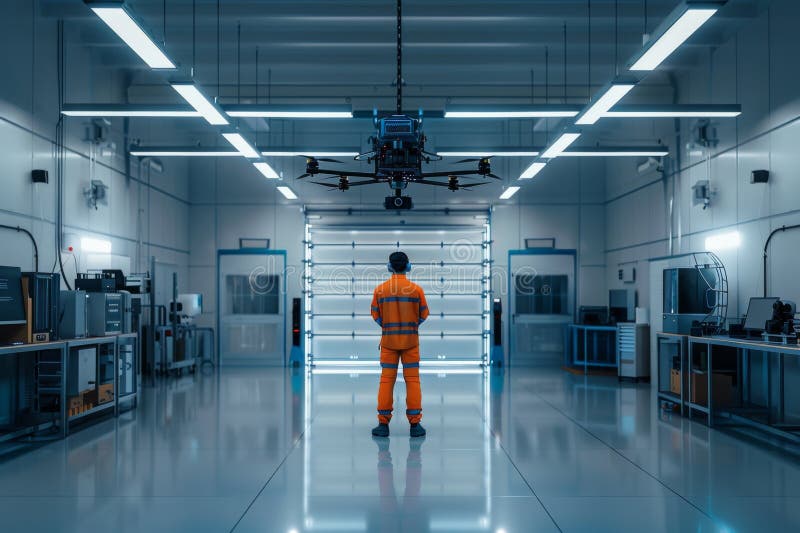 Engineer Operating a Large Drone in a High-tech Modern Laboratory with ...