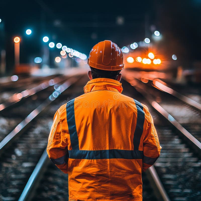 Engineer in Orange Safety Jacket and Helmet on Railway Tracks with ...