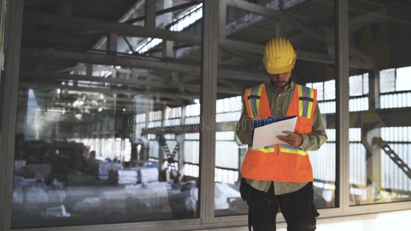 Architengineer with Hard Hat Holding Blueprint and Inspecting ...