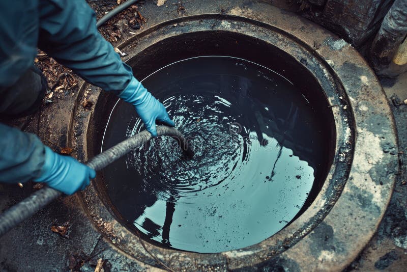 Engineer Cleans Dark Liquid from a Manhole with a Hose while Wearing ...