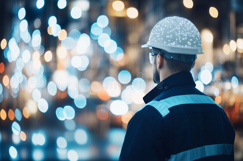 Engineer Overlooking Construction Site at Night with Innovative Safety ...
