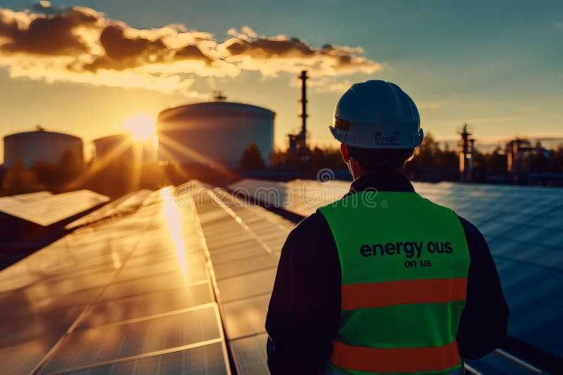 Engineer Overlooking Solar Panel Array at Sunset Clean Energy ...