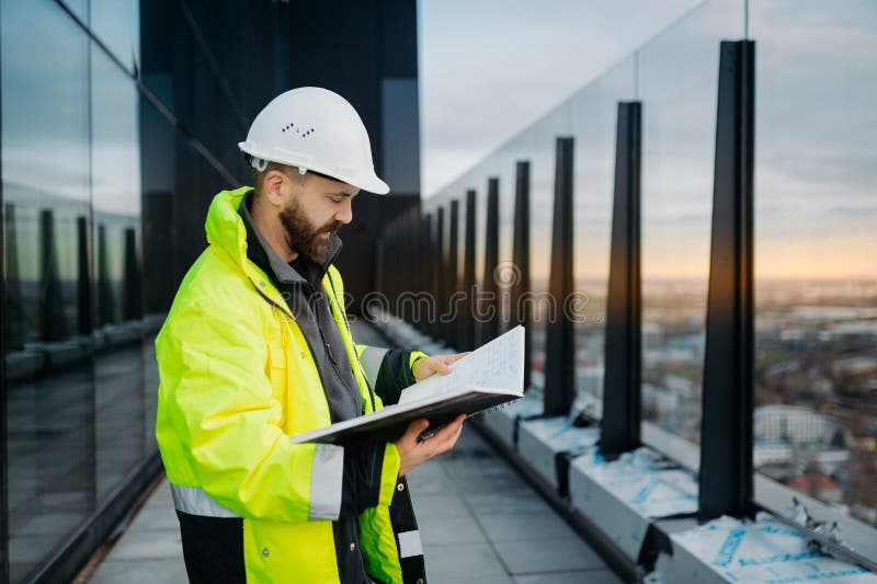 Engineer Overseeing City Construction Project Reading Documentation ...