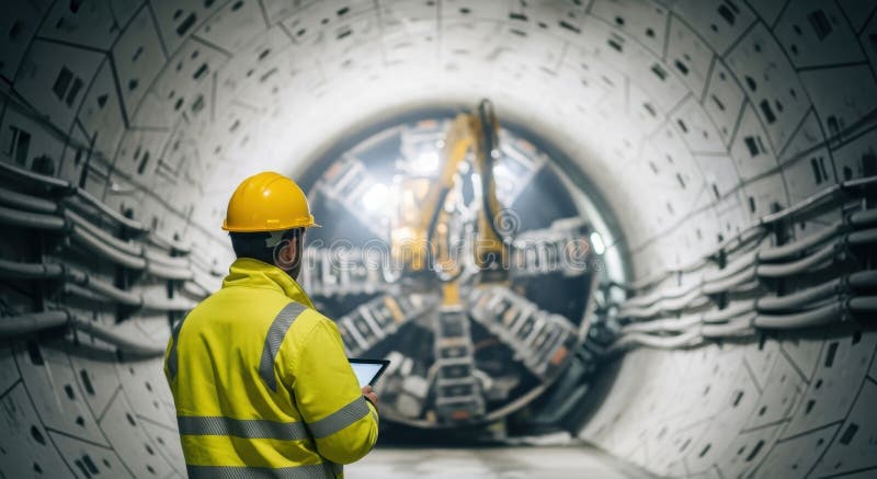 Engineer Overseeing Tunnel Boring Machine in Modern Underground ...