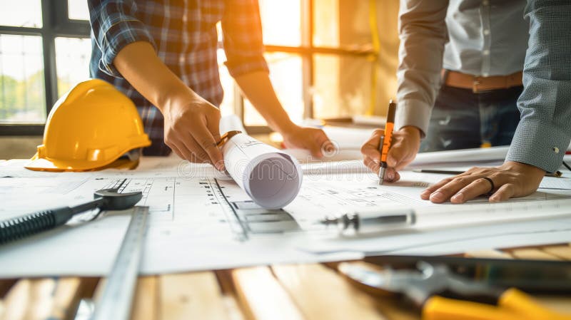Engineer and Partner Team with House Plan Project Blueprint on Table ...