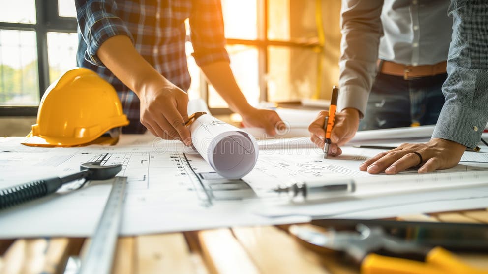 Engineer and Partner Team with House Plan Project Blueprint on Table ...