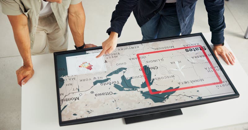 Engineer, People and Hands with Map on Screen for Turbine Location ...