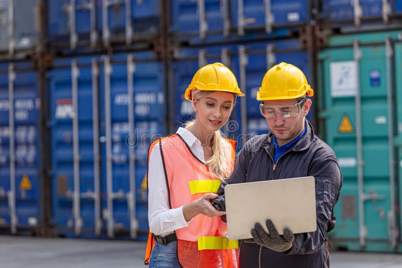 Engineer People Work in Port Cargo Container Shipping Yard Using Laptop ...