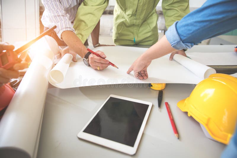 Engineer People Working and Discussing with Architecture or Blueprint ...