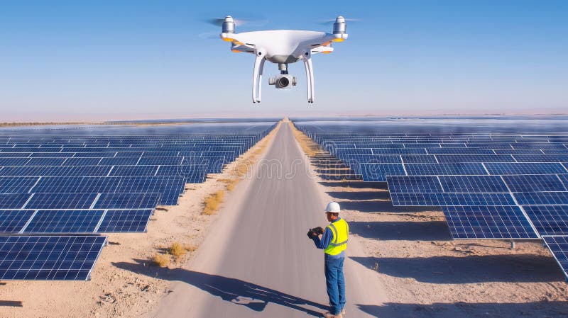 Engineer Piloting Drone Inspecting Solar Panels in Desert Solar Farm ...