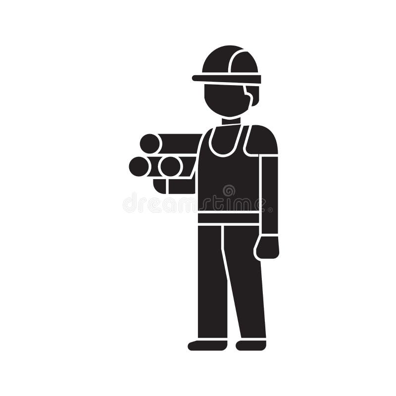 Engineer with Plans Black Vector Concept Icon. Engineer with Plans Flat ...