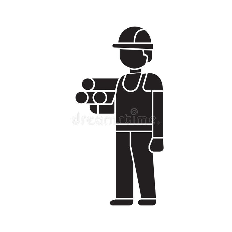Engineer with Plans Black Vector Concept Icon. Engineer with Plans Flat ...