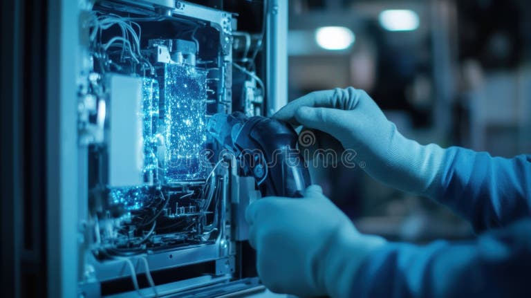 Engineer Plugging Futuristic Charging Cable into Server Rack in High ...