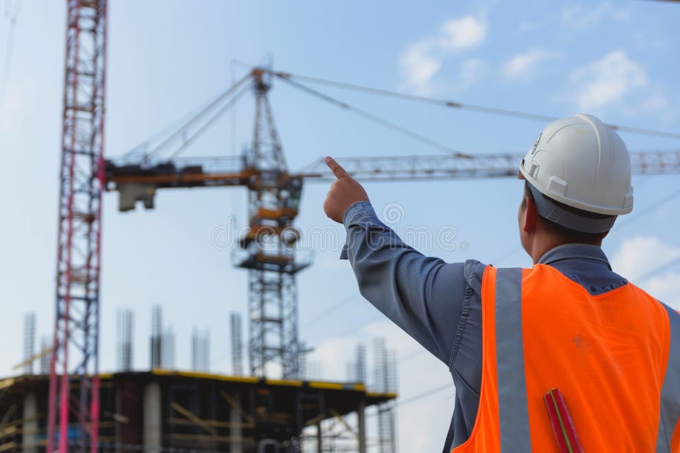 Engineer Pointing at Tower Crane Plan Stock Photo - Image of ...