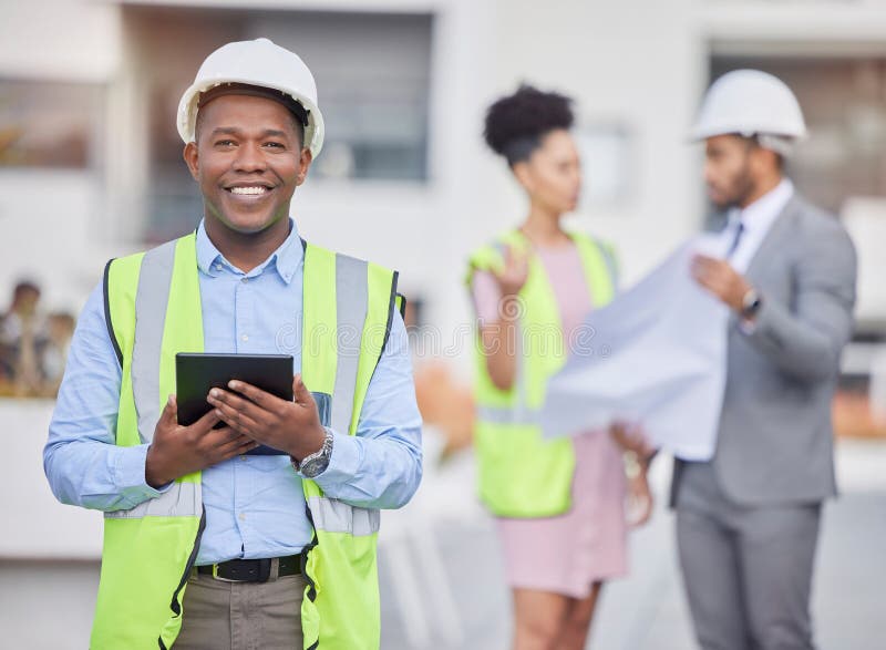 Engineer Portrait, Tablet and Smile of Black Man at Construction Site ...