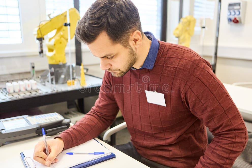 Engineer Programming Robotic Arm In A High Tech Industrial Lab Stock Image Image Of Automation
