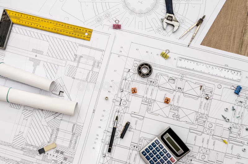 Engineer Project and Different Tools on it, Closeup Stock Image - Image ...