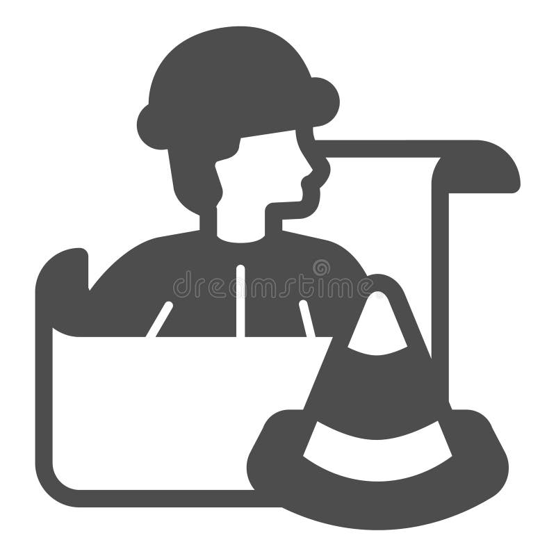 Engineer with Projects and Traffic Cone Solid Icon, Making Road Concept ...